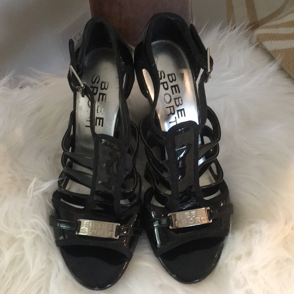 Bebe Sport Vintage Patent Leather Wedge Sandals. - Gem